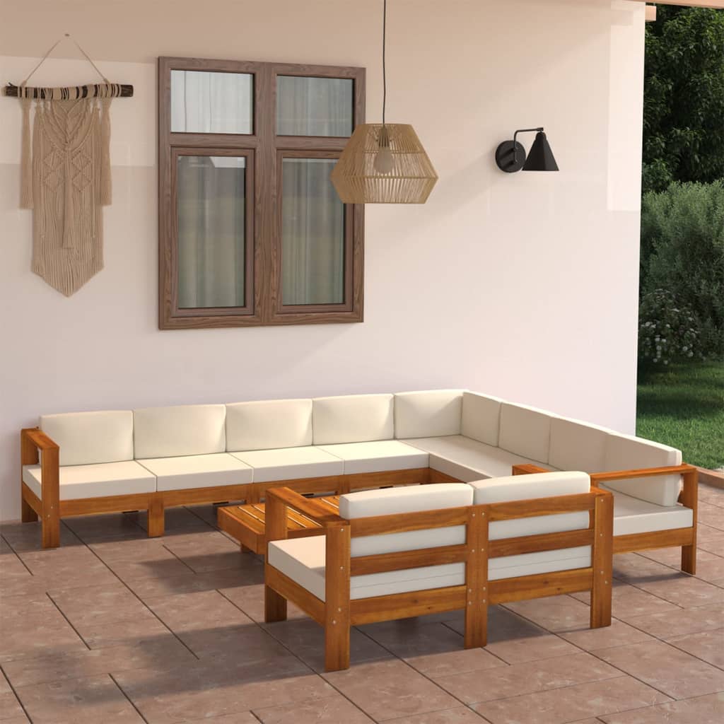 Set Divani Giardino 10 pz Cuscini Bianco Crema Legno d'Acacia 3057945 ...