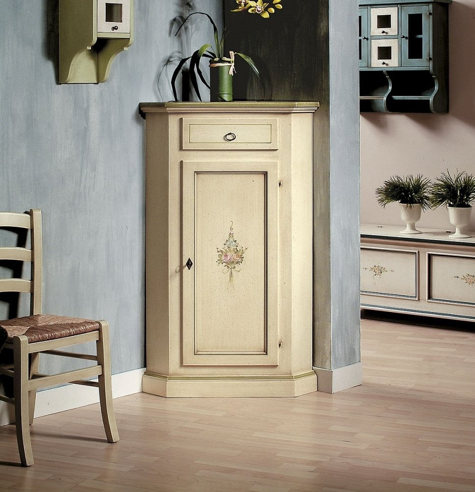 Mobile angolo in legno 1 porta 1 cassetto arte povera laccato avorio l ...
