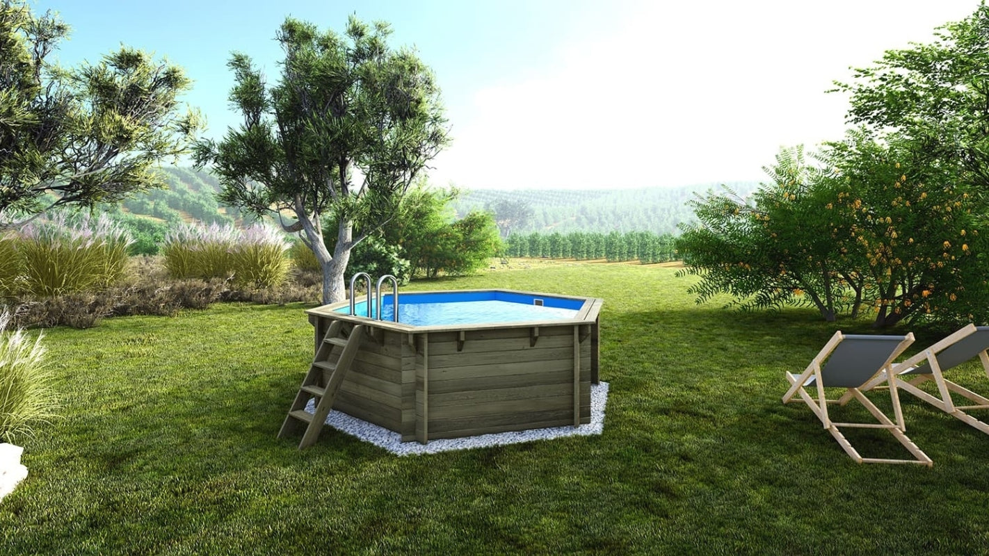 Piscina in legno 3,55x4,09 - H.1,17 m - con filtrazione e armadio per ...